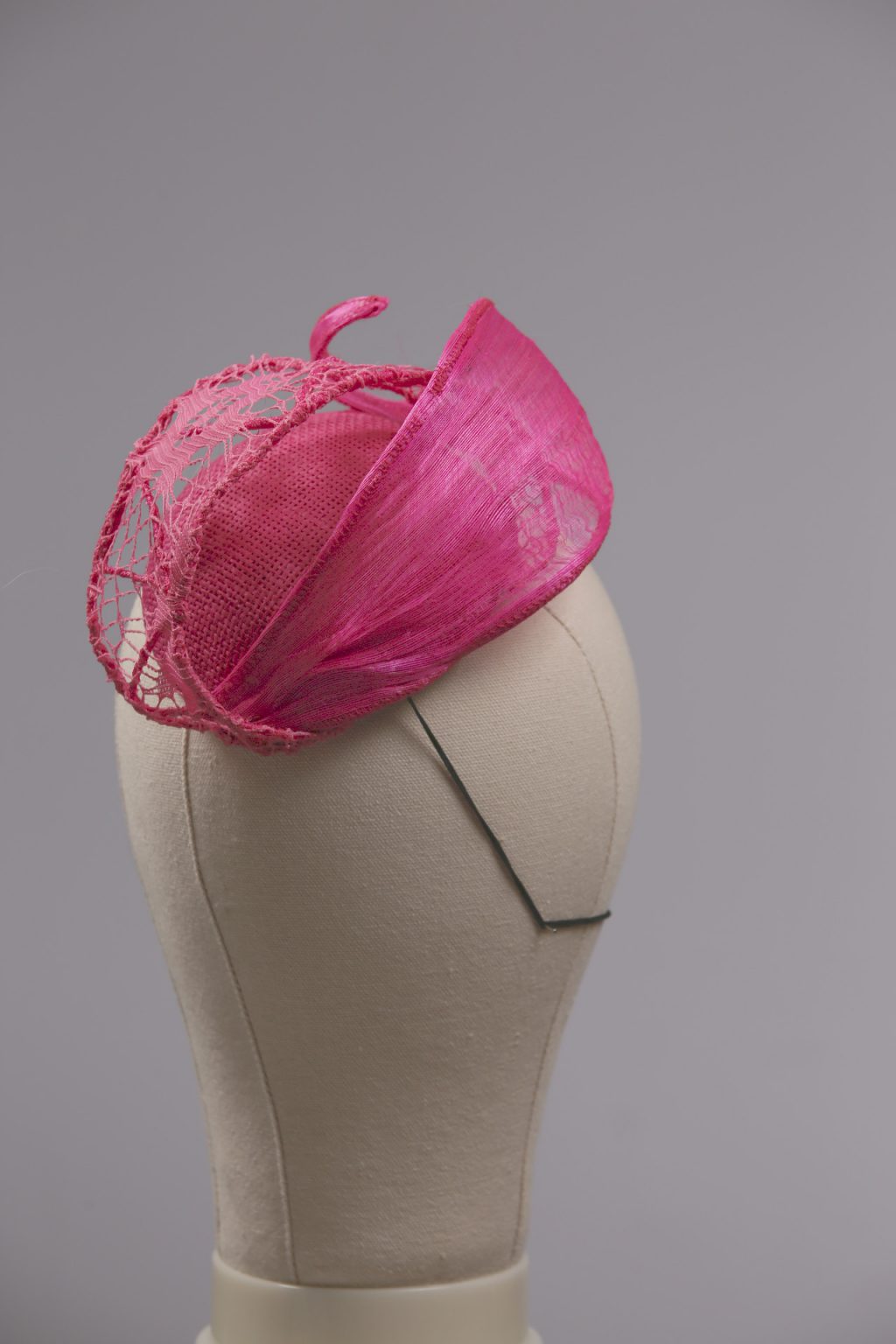 Hot pink silk abaca, Lace and Straw teardrop pillbox fascinator hat ...